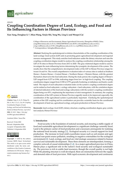 Pdf Coupling Coordination Degree Of Land Ecology And Food And Its