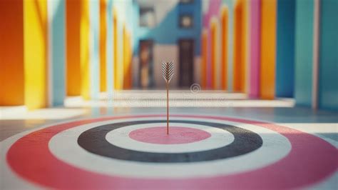 Focused Aim And Achieve Target Practice With Arrow On Colorful Bullseye In Indoor Setting For