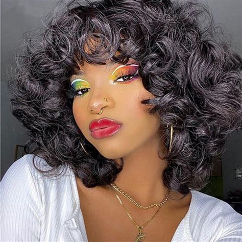 Kesen Short Curly Wig With Bangs 12 Inch Curly Wave Human