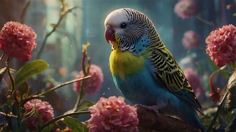 Птица сидит на ветке дерева рядом с цветами Размытый фон Фотографии Природа