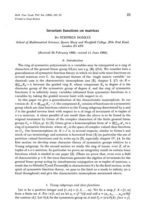Pdf Invariant Functions On Matrices