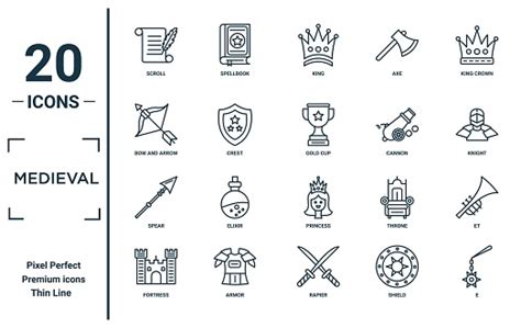 중세 선형 아이콘 세트입니다 얇은 라인 스크롤 활과 화살 창 요새 E 골드 컵 보고서 아이콘 프리젠 테이션 다이어그램 웹 디자인을 포함합니다 0명에 대한 스톡 벡터 아트 및