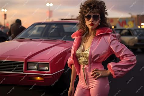 premium photo 80s woman next to a pink vintage car