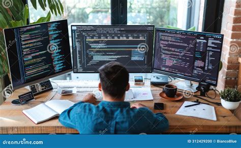 Software Developer Working on Code in Dual Monitor Setup AIG41 Stock Illustration - Illustration ...