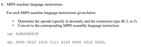 solved 4 mips machine language instructions for each mips