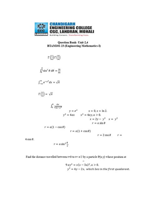 Question Bank Unit 24 Pdf Area Integral