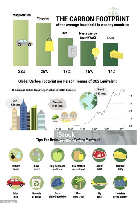 부유 한 국가의 평균 가구의 탄소 발자국에 대한 인포 그래픽 개인 탄소 발자국을 줄이기 위한 팁 환경 개선 개념 진정한 데이터 평면 벡터 그림입니다 가정 생활에 대한 스톡