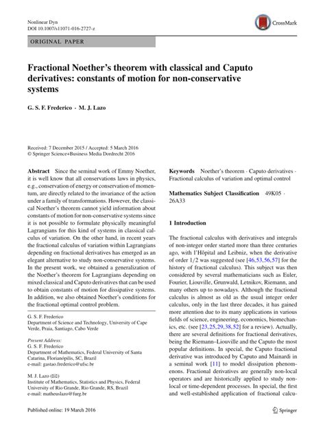 Pdf Fractional Noethers Theorem With Classical And Caputo Derivatives Constants Of Motion