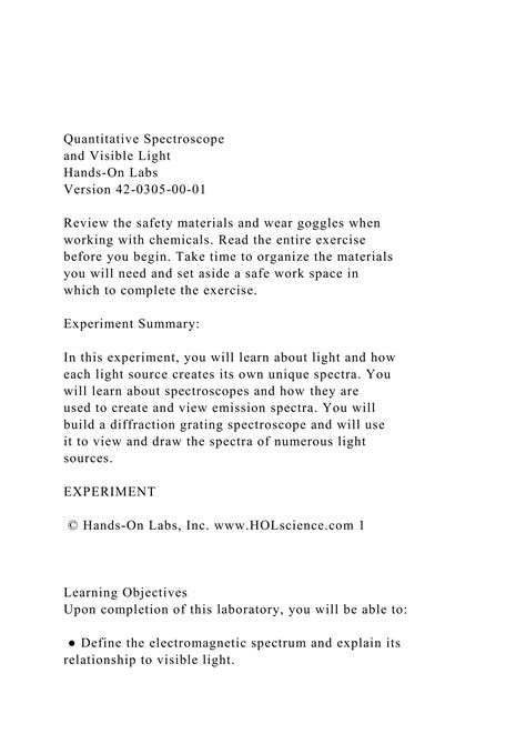 Quantitative Spectroscope And Visible Lighthands On Labs Docx