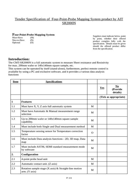 Specification Of Four Point Probe Mapping System Product By Ait Sr2000n