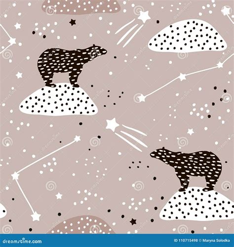 Seamless Pattern With Polar Bears Silhouette And Constellations Perfect For Fabrictextile