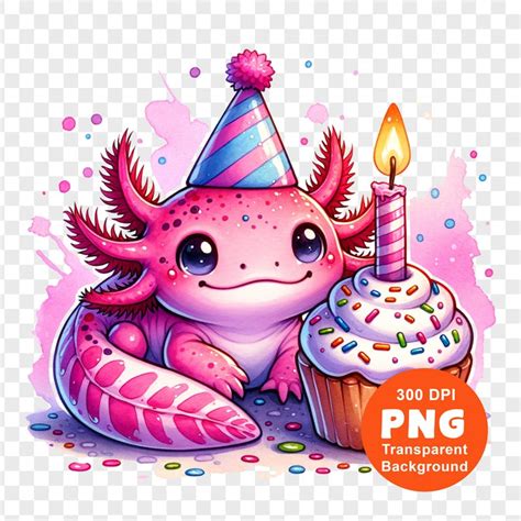 Birthday Axolotl Png Happy Birthday Png Cute Kawaii Clipart Cupcake And Candle First Birthday