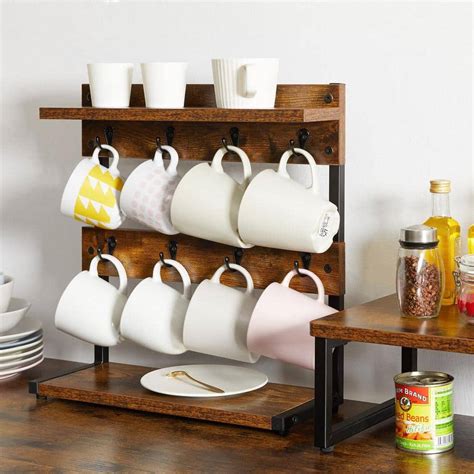 Numhew 2 Tier Rustic Brown Countertop Mug Tree Holder Rack With Storage