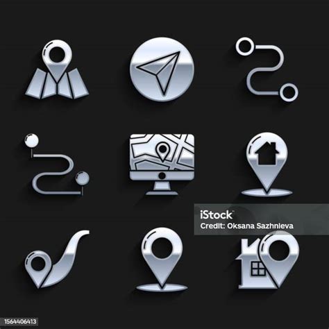 위치 지도 핀 포인터 하우스 경로 및 접힌 마커 아이콘으로 모니터 및 접힌 지도를 설정합니다 벡터 0명에 대한 스톡 벡터 아트 및 기타 이미지 Istock