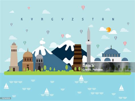 여행 최소한의 스타일과 아이콘 기호 설정 벡터 일러스트 레이 션 수 키르기스스탄 유명한 랜드마크 Infographic 템플릿 포스터 여행 책 엽서 빌보드에 사용할 수 0명에