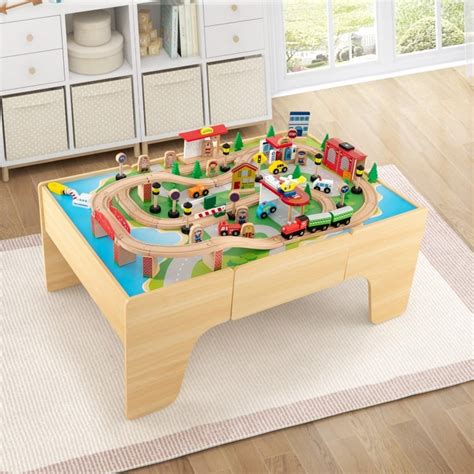 84 Piece Wooden Train Set With Reversible And Detachable Tabletop Costway