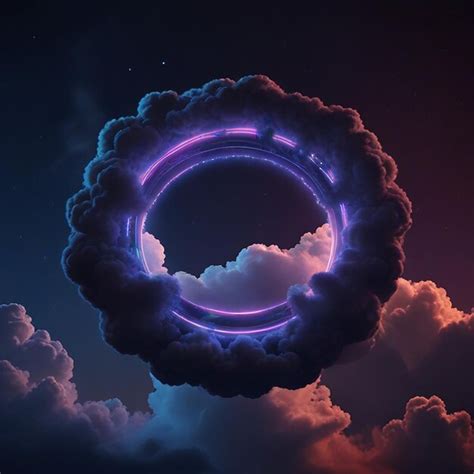 D Render Abstract Cloud Illuminated With Neon Light Ring On Dark Night Sky Glowing Geometric