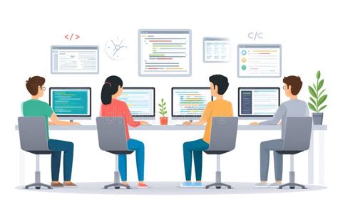 Software Development Team Collaboration Four Programmers Work Together On Software Development
