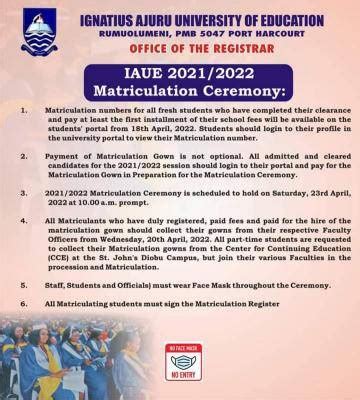 IAUE notice to fresh students on matriculation number - Myschool