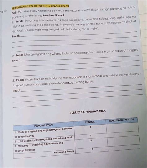 PERFORMANCE TASK 30pts READ REACT PANUTO StudyX