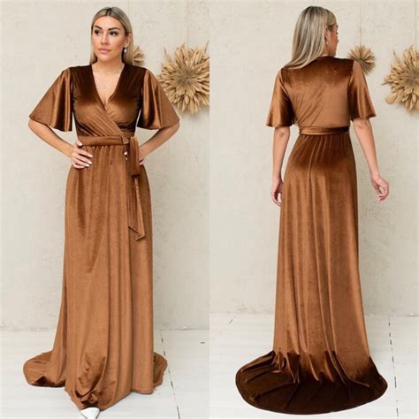 Mustard Velvet Dress With Train Flutter Sleeve Maxi Dress Bridesmaid Wrap Maxi Gown Velvet