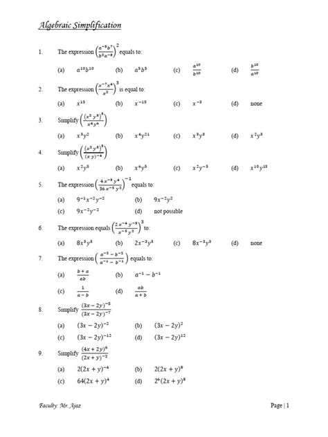 1 Algebraic Simplification Pdf Algebra Mathematics