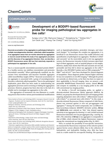 Pdf Development Of A Bodipy Based Fluorescent Probe For Imaging Pathological Tau Aggregates In