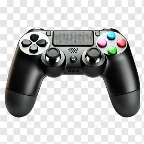 A Black Game Controller With Colorful Buttons On White Background