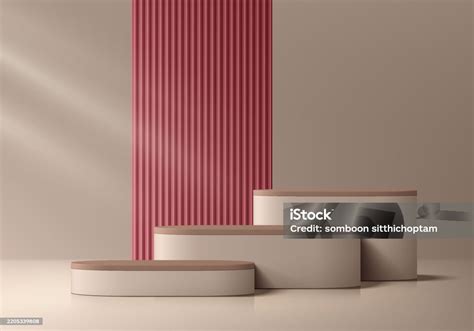 베이지 색 3d 라운드 스텝 연단 배경 빨간 적갈색 배경 스튜디오 벽 장면 미니멀리스트 모형 받침대 추상적인 대 제품 전시 프리젠테이션 쇼케이스를 위한 무대 벡터 플랫폼