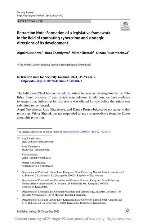 Retraction Note Formation Of A Legislative Framework In The Field Of Combating Cybercrime And