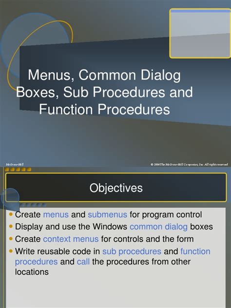 Menus Common Dialog Boxes Sub Procedures And Function Procedures Pdf Subroutine Menu