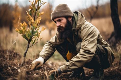 Premium AI Image Shot Of A Man Planting Trees In Nature