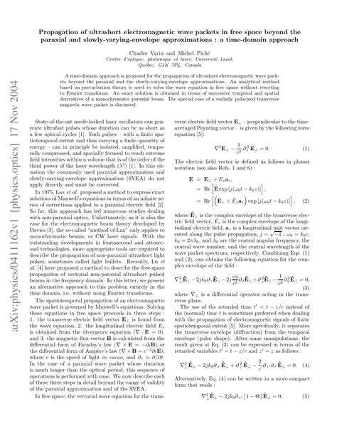 Pdf Propagation Of Ultrashort Electromagnetic Wave Packets In Free Space Beyond The Paraxial