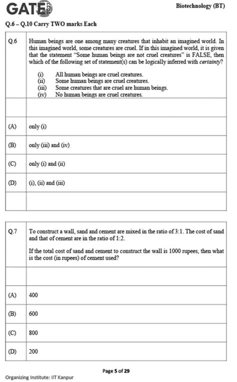 Gate 2023 Biotechnologybt Question Paper