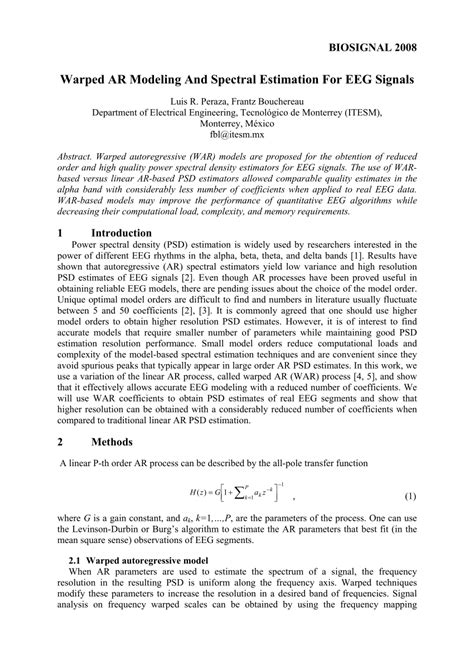 Pdf Warped Ar Modeling And Spectral Estimation For Eeg Signals