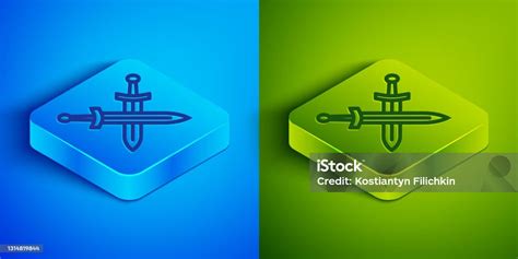 동면 선 교차 중세 칼 아이콘 은 파란색과 녹색 배경에 격리 중세 무기 정사각형 버튼입니다 벡터 강철에 대한 스톡 벡터 아트 및 기타 이미지 Istock