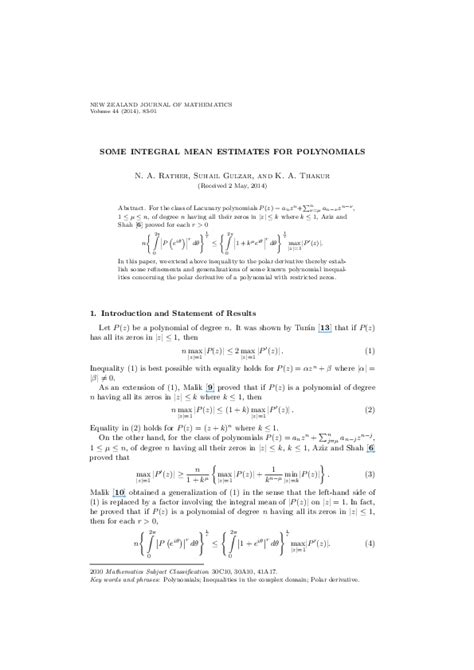 Pdf Some Integral Mean Estimates For Polynomials