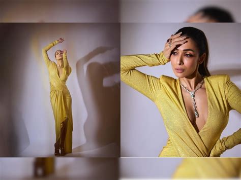 Malaika Arora Shows Cleavage Breast In Yellow Deepneck Gown Sexy Legs Malaika Half Naked Pics