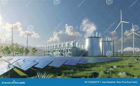 A Hybrid Renewable Energy System Showcasing Wind Turbines Solar Panels And Energy Storage
