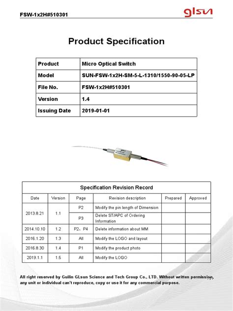 Fsw 1x2h Micro Optical Switch Data Sheet 510301 Pdf Optical Fiber