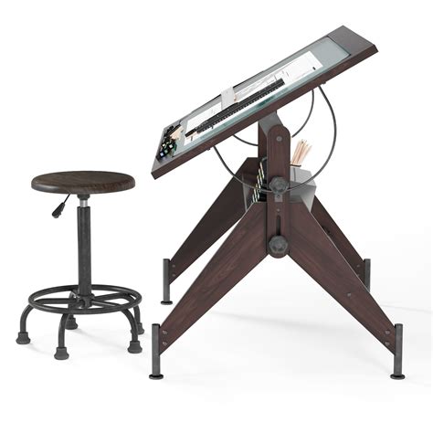Aries Wood And Glass Drawing Table And Retro Drafting Stool 3d Model