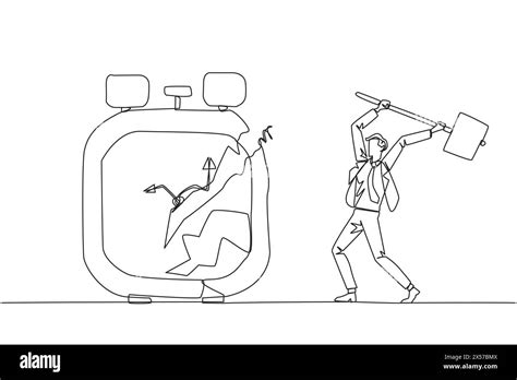 Single Continuous Line Drawing Businessman Preparing To Hit The Big Alarm Clock Cant Manage