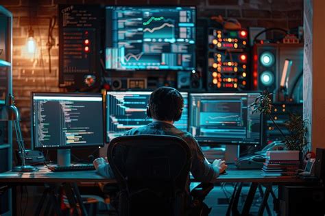 A Man Sitting At A Desk In Front Of Two Computer Monitors Premium Ai Generated Image