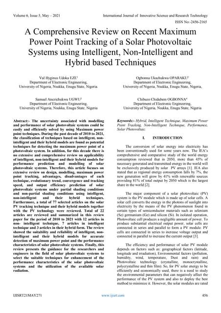 A Comprehensive Review On Recent Mppt Of A Solar Pv Systems Using