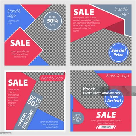 최소한의 온라인 프로모션 판매 배너 템플릿 세트 평면 디자인 파란색과 빨간색 벡터 일러스트 레이 션 0명에 대한 스톡 벡터 아트 및 기타 이미지 Istock