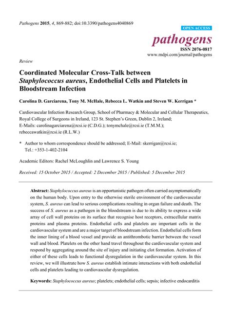 Pdf Coordinated Molecular Cross Talk Between Staphylococcus Aureus Endothelial Cells And