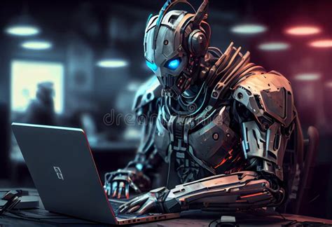 3d Rendering Humanoid Robot Working on Laptop Computer Stock ...