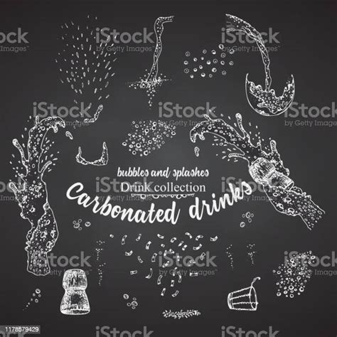 세트 손으로 그린 스케치 버스트 거품 거품 탄산 음료 샴페인 병 폭발 질감과 배경 그래픽 벡터 아트 분필 그림에 대한 스톡 벡터 아트 및 기타 이미지 Istock