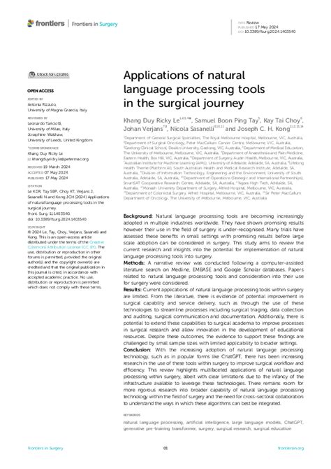 Pdf Applications Of Natural Language Processing Tools In The Surgical Journey