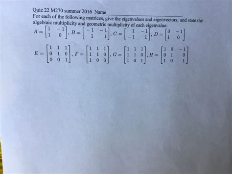 solved for each of the following matrices give the
